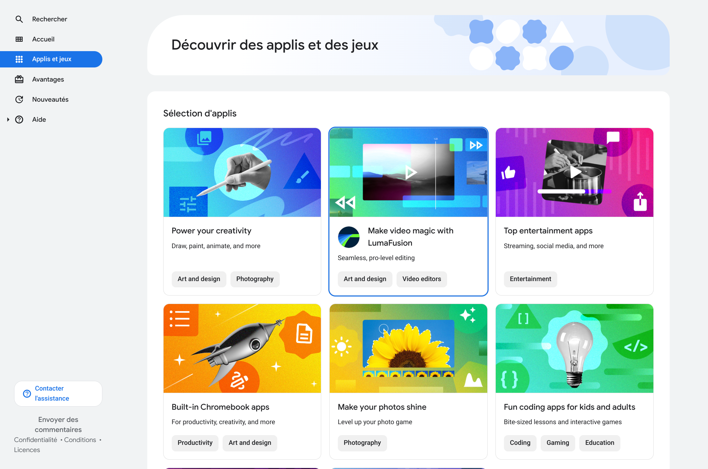 Discover App sur Chromebook : apparition d'une section "Applis et jeux"